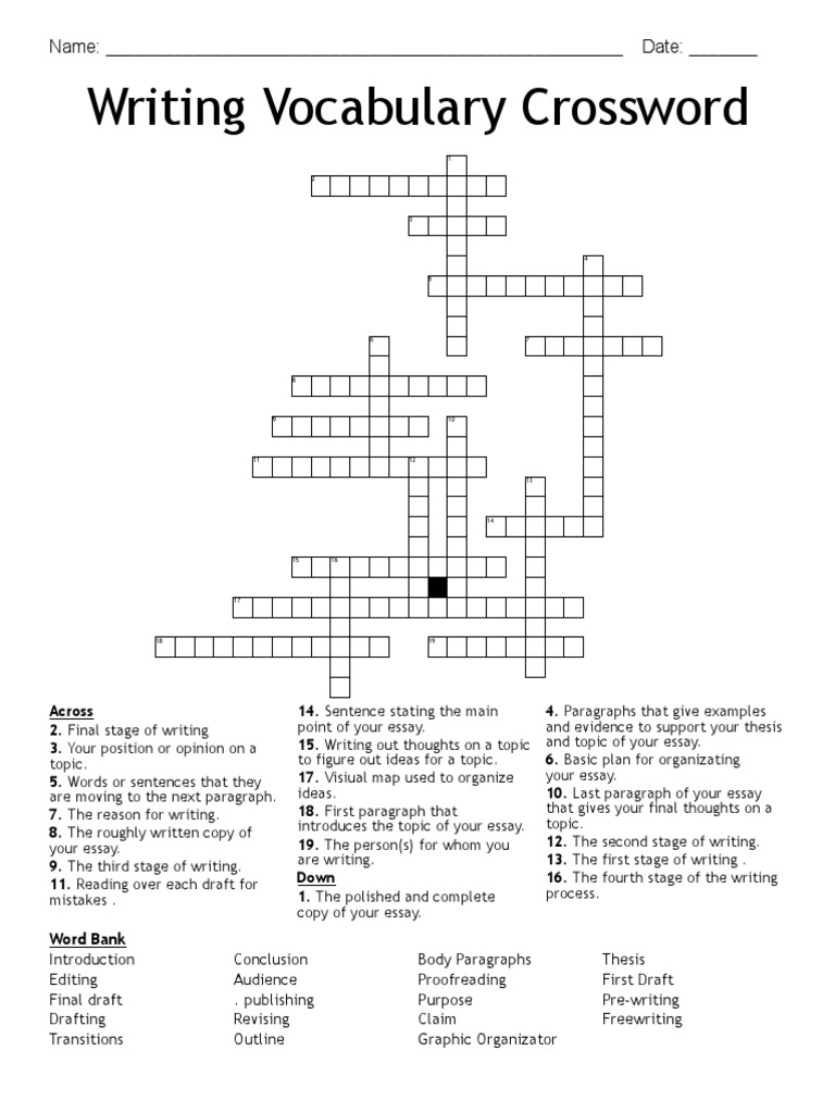 Writing Vocabulary Crossword: Name: - Date | PDF | Essays | Paragraph