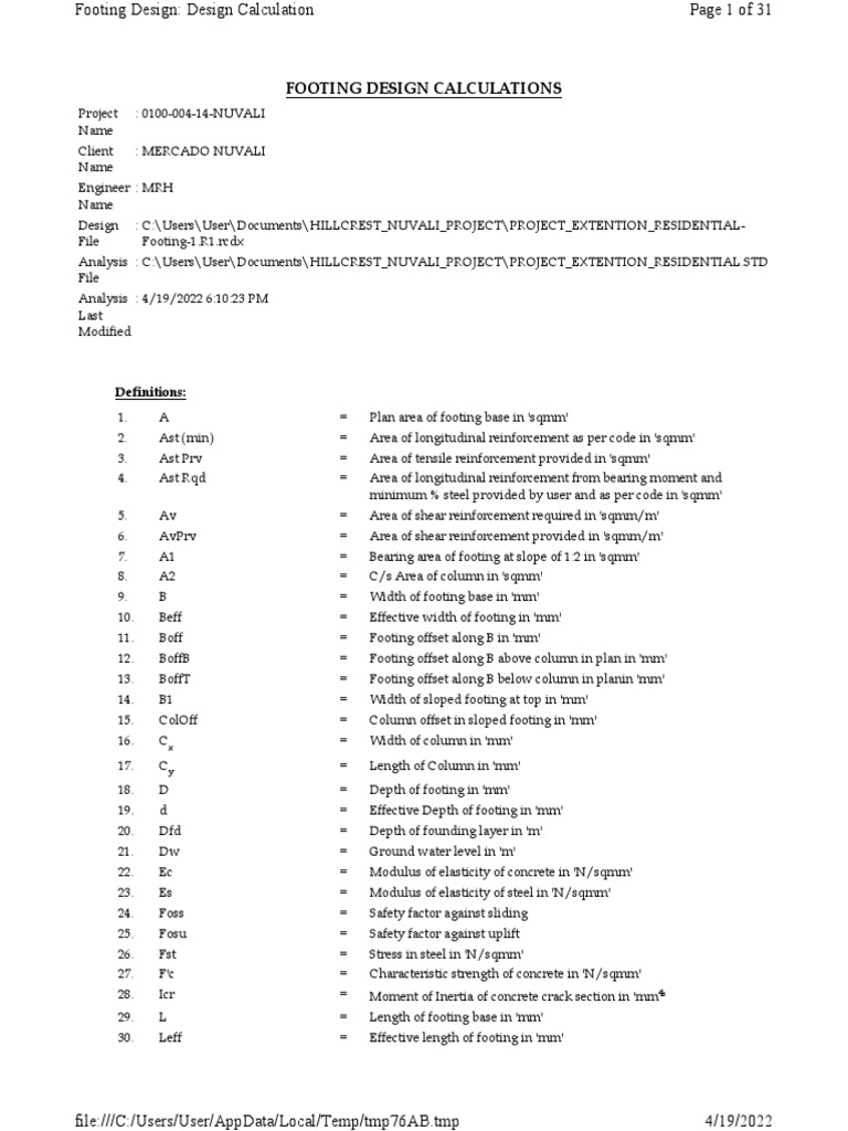 Footing Design Calculations: Definitions | PDF | Bending | Force