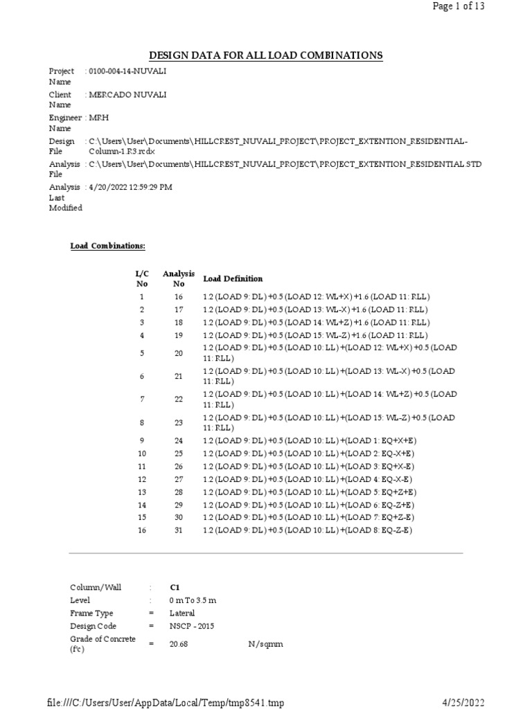 Design Data For All Load Combinations | PDF | Architectural Design ...