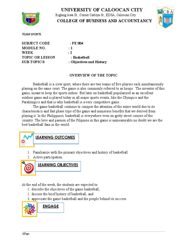 Module 1 Week 2 PE 004 Objectives and History in Basketball Darjay ...