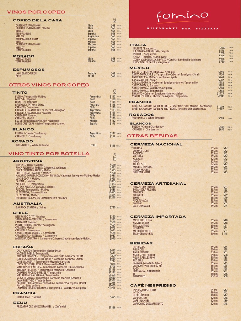 Menu Bebidas Fornino | PDF