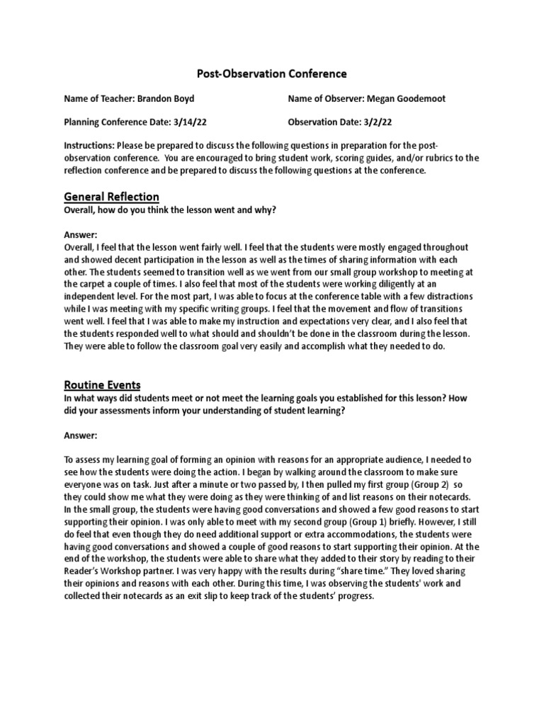 Post-Observation Conference Form - 2021 2022 Writing | PDF | Classroom ...