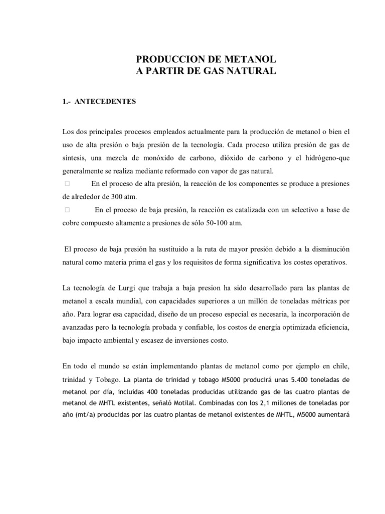 Produccion de Metanol (Informe Corregido | PDF | Metanol | Gas natural