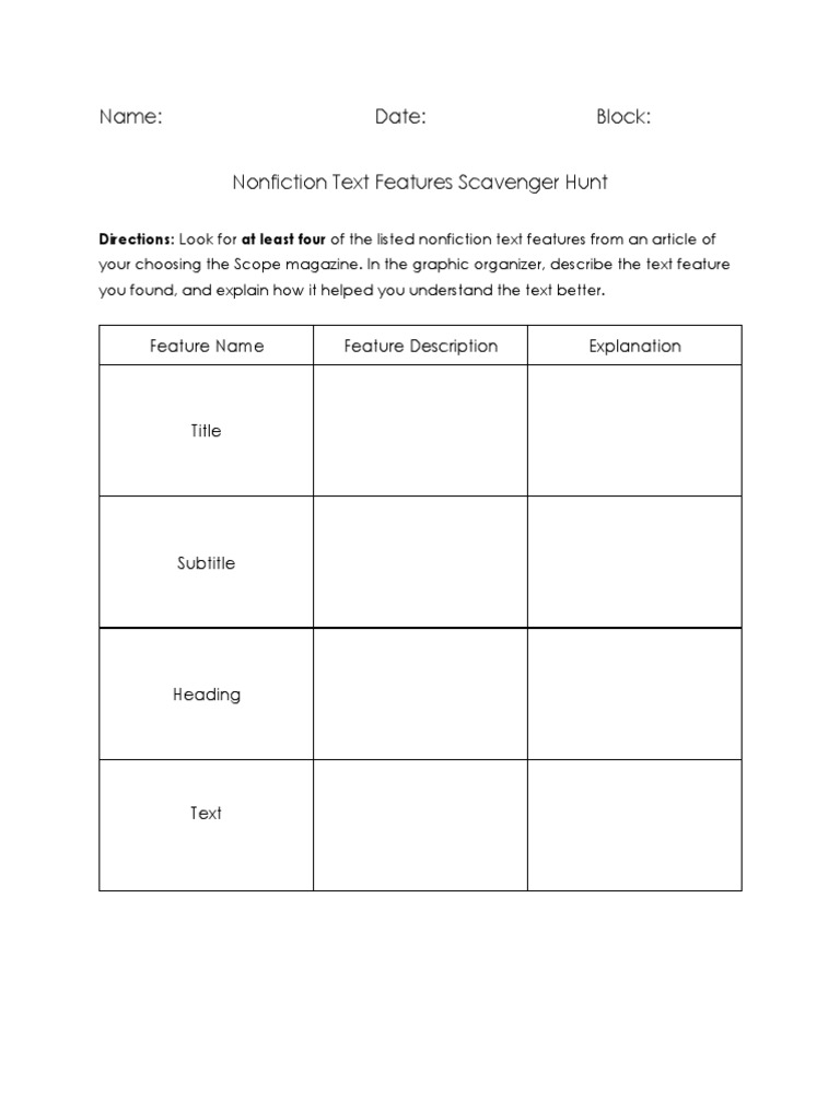 Nonfiction Text Features Scavenger Hunt | PDF
