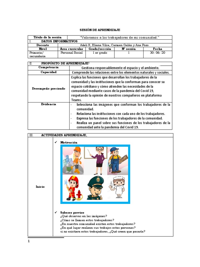 Sesion de Aprendizaje Trabajadores de Mi Comunidad | PDF | Aprendizaje