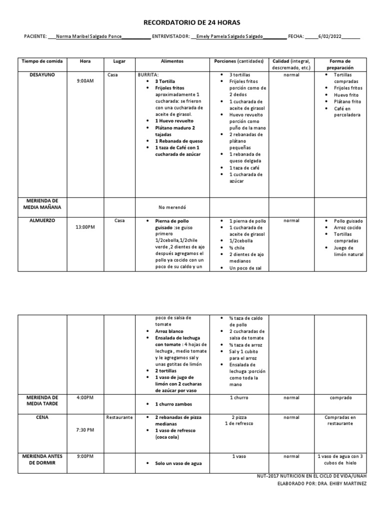 Recordatorio de 24 Horas | PDF | Alimentos | Cocina