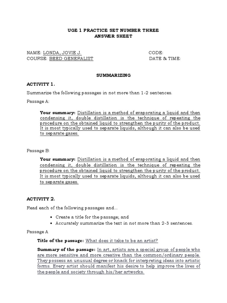 Uge 1 Practice Set Number Three Answer Sheet | PDF | Educational ...