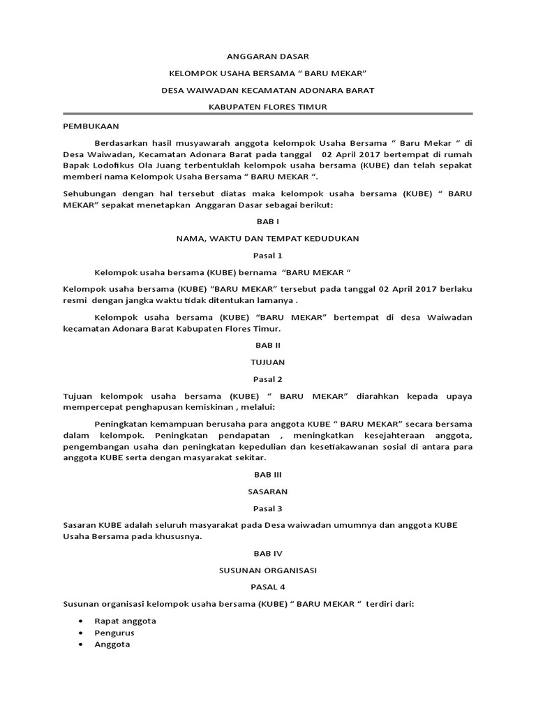 Anggaran Dasar KUBE Baru Mekar | PDF