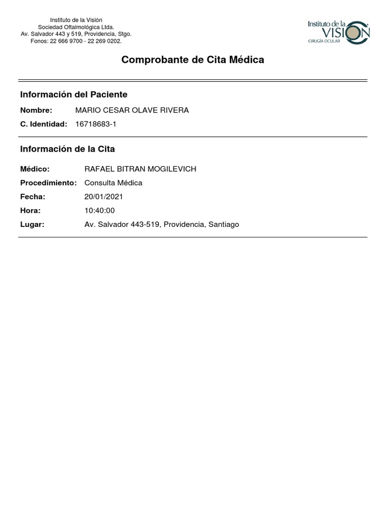 Comprobante de Cita Médica: Información Del Paciente | PDF