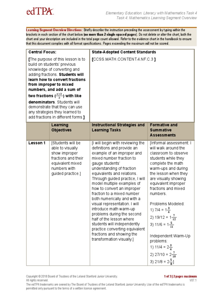 Kayla Le - Task4 Partb Edtpa Ele MTH Learning Segment Overview | PDF ...