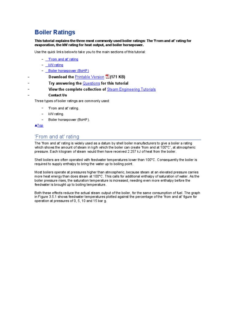 Boiler Ratings: 'From and At' Rating | PDF | Boiler | Horsepower