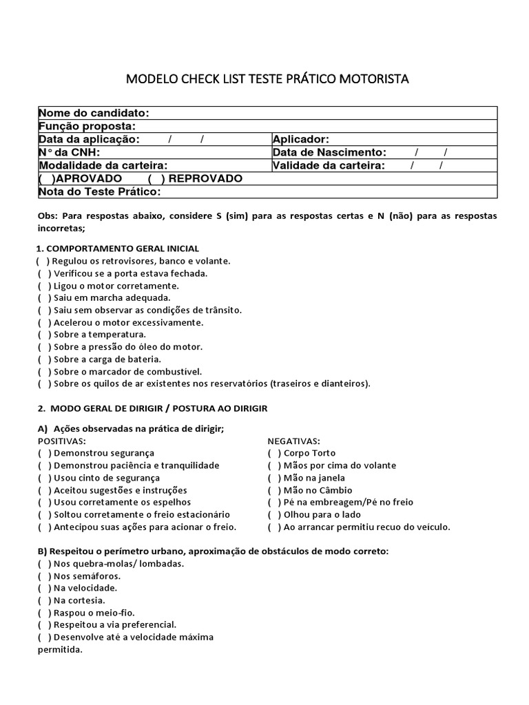 Modelo 11 Check List Teste Prático Motorista | Download grátis PDF ...