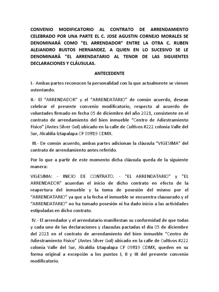 Convenio Modificatorio Al Contrato de Arrendamiento Celebrado Por Una ...