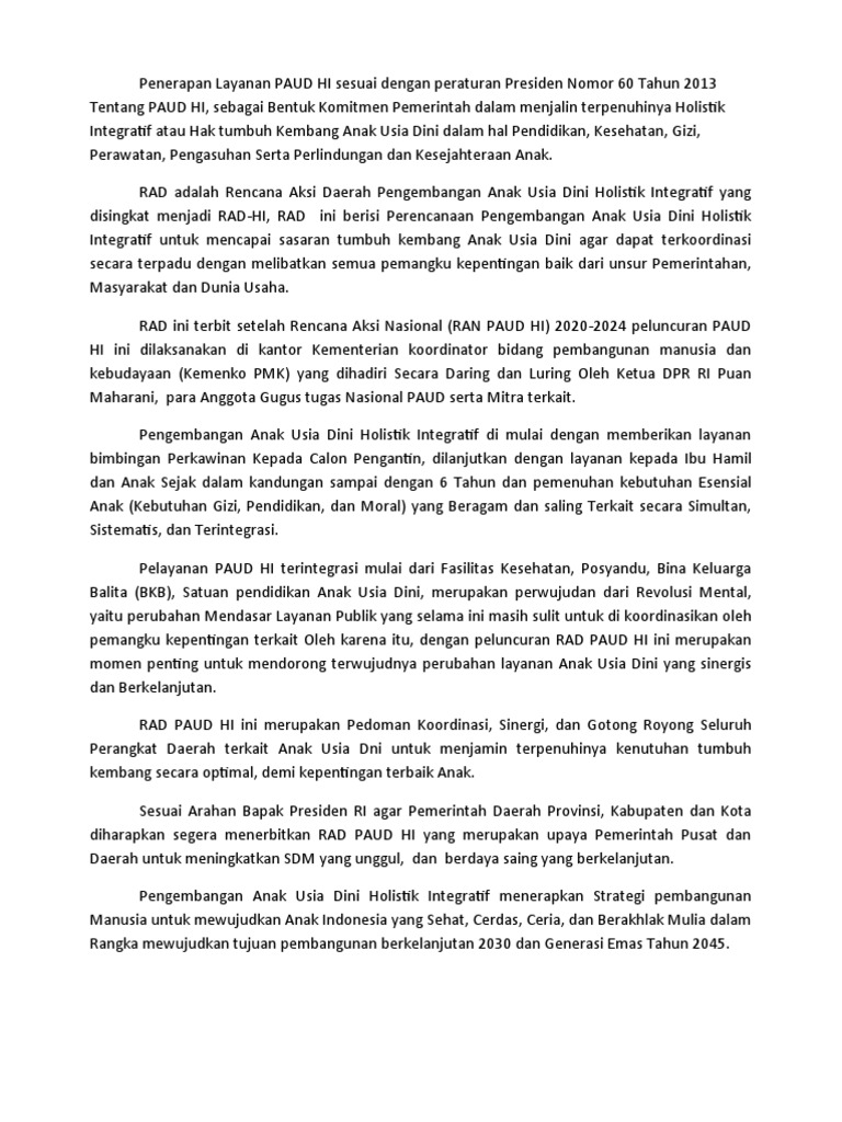 Penerapan Layanan PAUD HI Sesuai Dengan Peraturan Presiden Nomor 60 ...