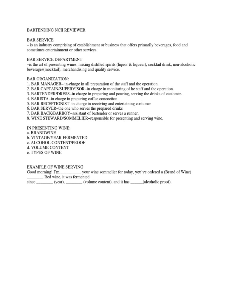 Bartending Ncii Reviewe1 | PDF | Bar (Establishment) | Drink
