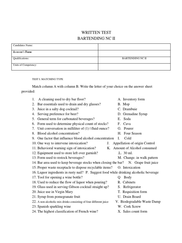 Written Test Bartending NC Ii: Candidates Name: Assessor's Name ...