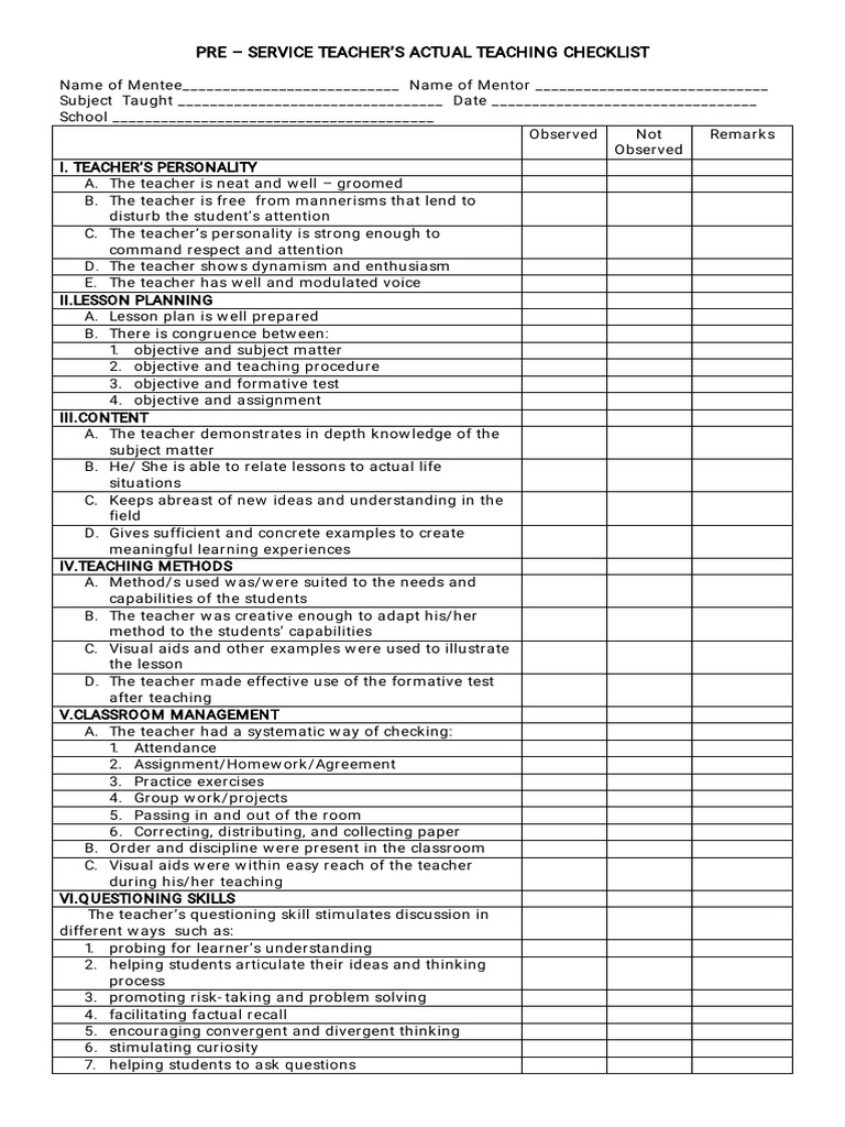 Teacher's Pre-Service Evaluation Checklist | PDF | Language Arts ...
