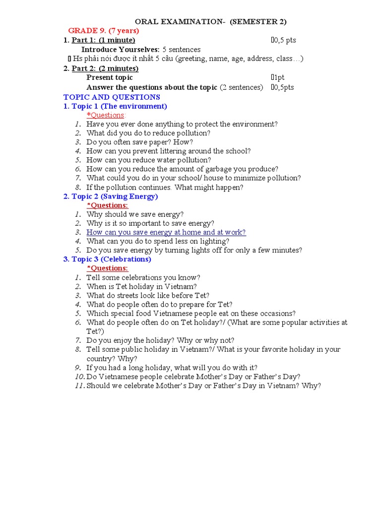 Oral Examination Grade 9 He 7 | PDF