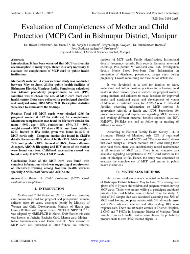 Evaluation of Completeness of Mother and Child Protection (MCP) Card in ...