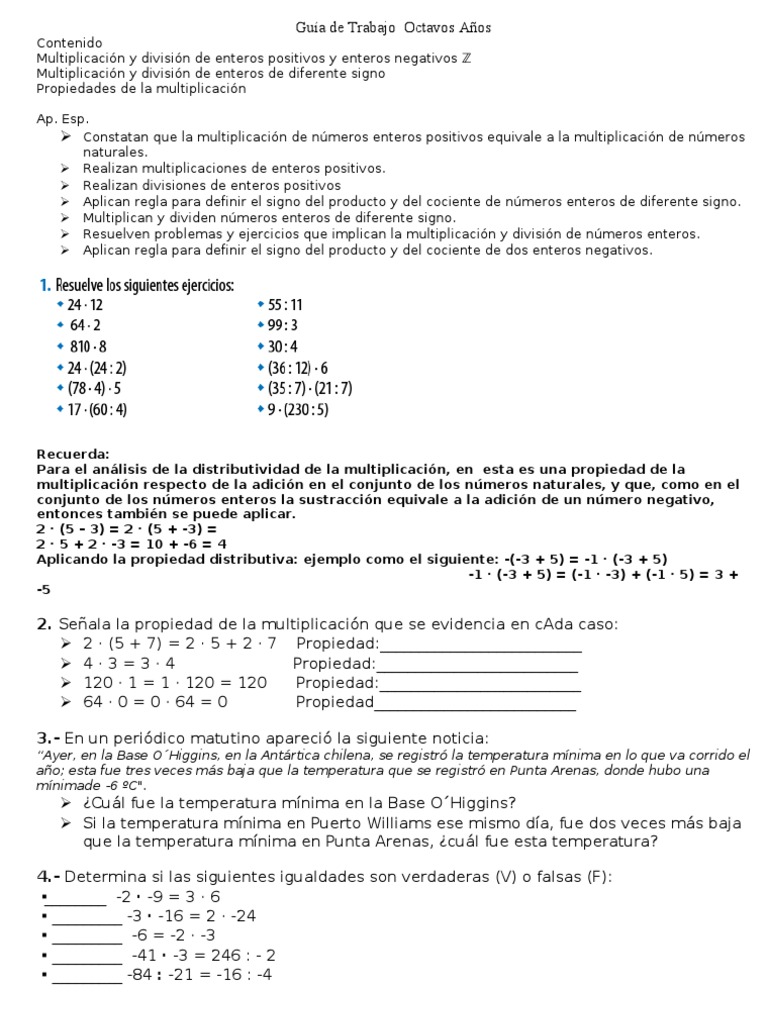 Hoja De Trabajo Para Multiplicar Y Dividir Números Positivos Y Negativos