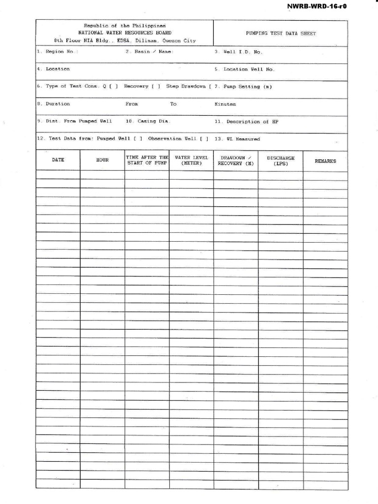 NWRB-WRD-16-r0 Pumping Test Data Sheet | PDF