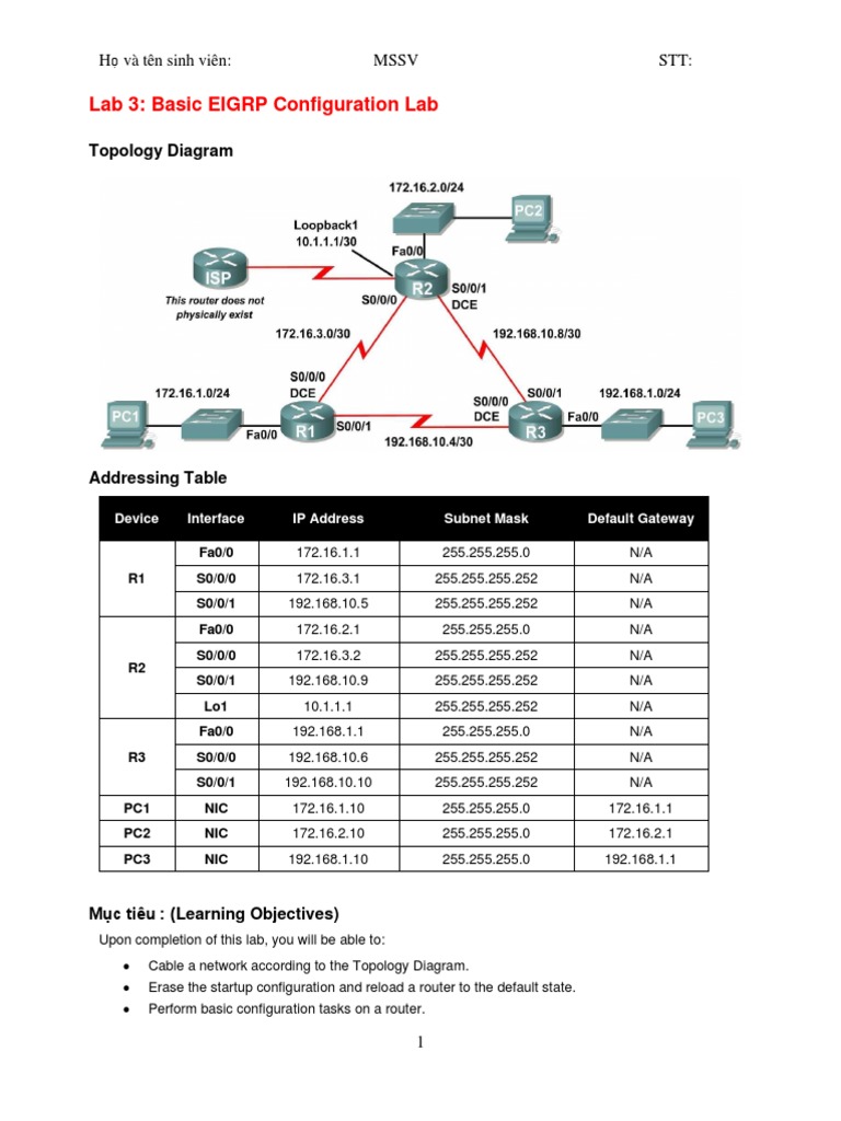 Lab 3: Basic EIGRP Configuration Lab: Topology Diagram | PDF | Routing | Router (Computing)
