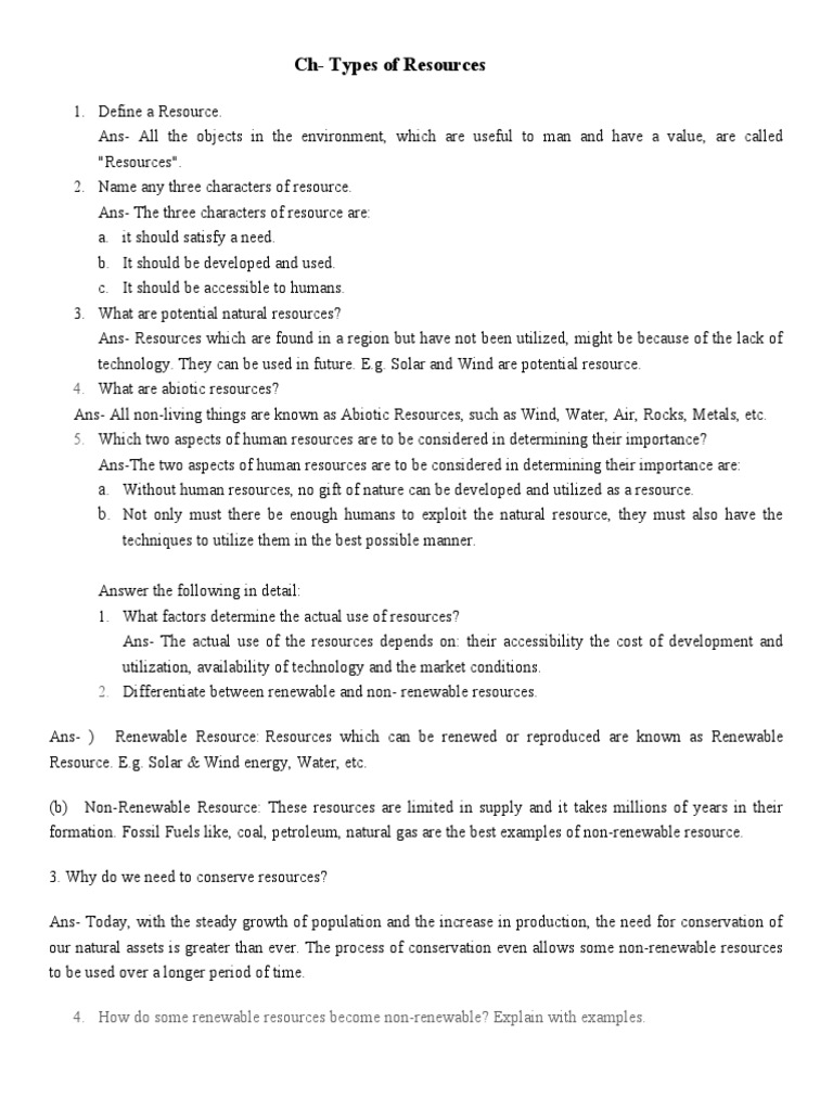 Q - A - CH - Types of Resources | PDF | Resource | Renewable Resources