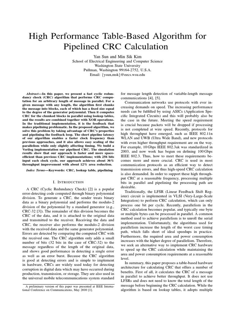 High Performance Table Based Algorithm For Pipelined Crc Calculation Pdf Computer 
