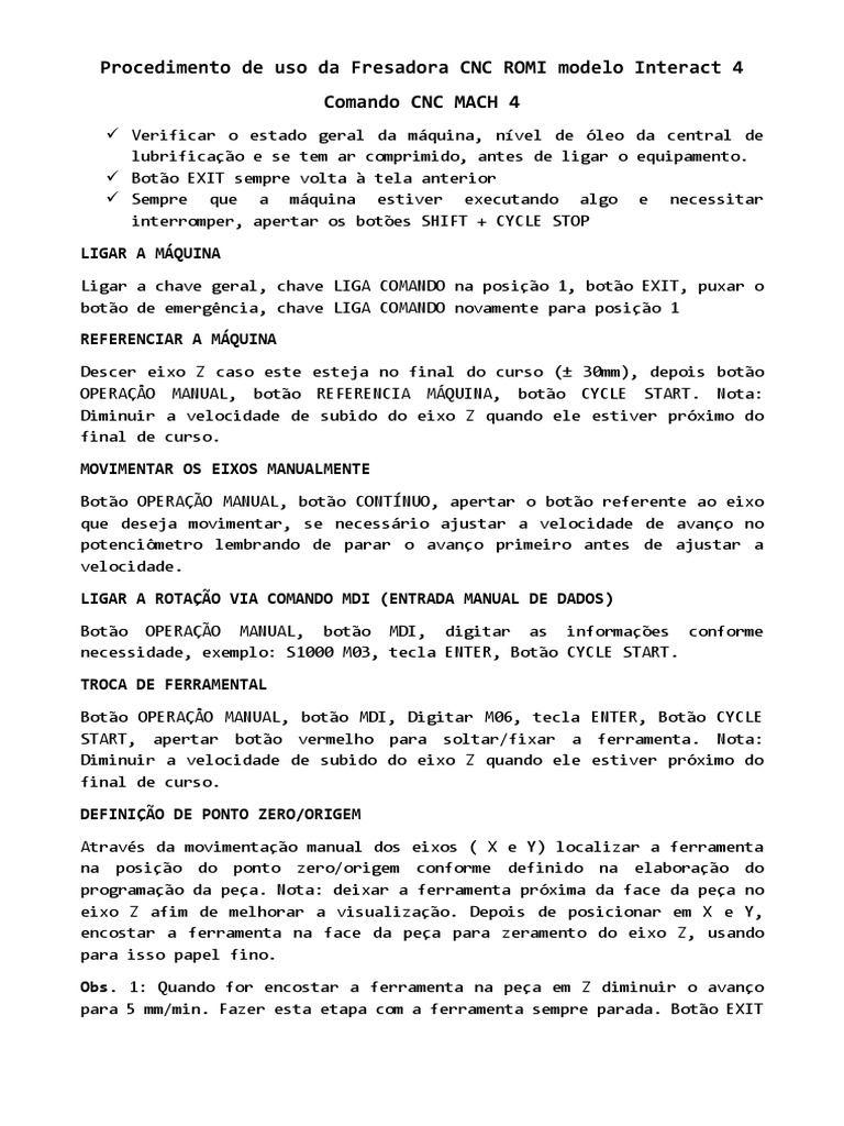 Procedimento de Uso Da Fresadora ROMI Modelo Interact 4 | PDF | Máquinas