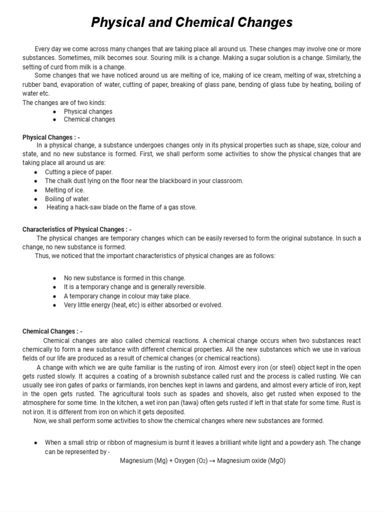 Physical and Chemical Changes Notes | PDF | Nature | Chemical Elements