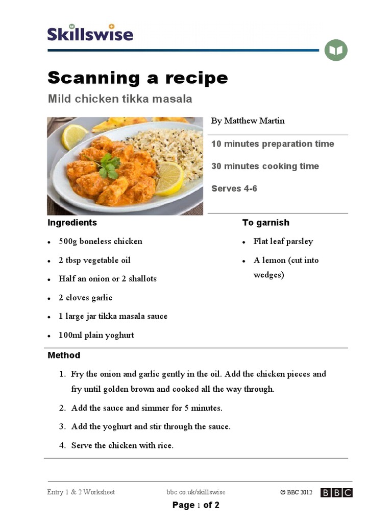 Scanning A Recipe: Mild Chicken Tikka Masala | PDF