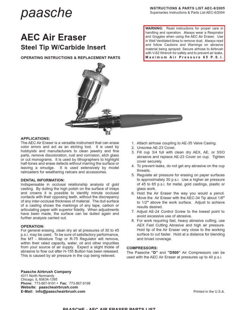 Paasche Air Eraser Instructions & Parts | PDF | Abrasive | Valve