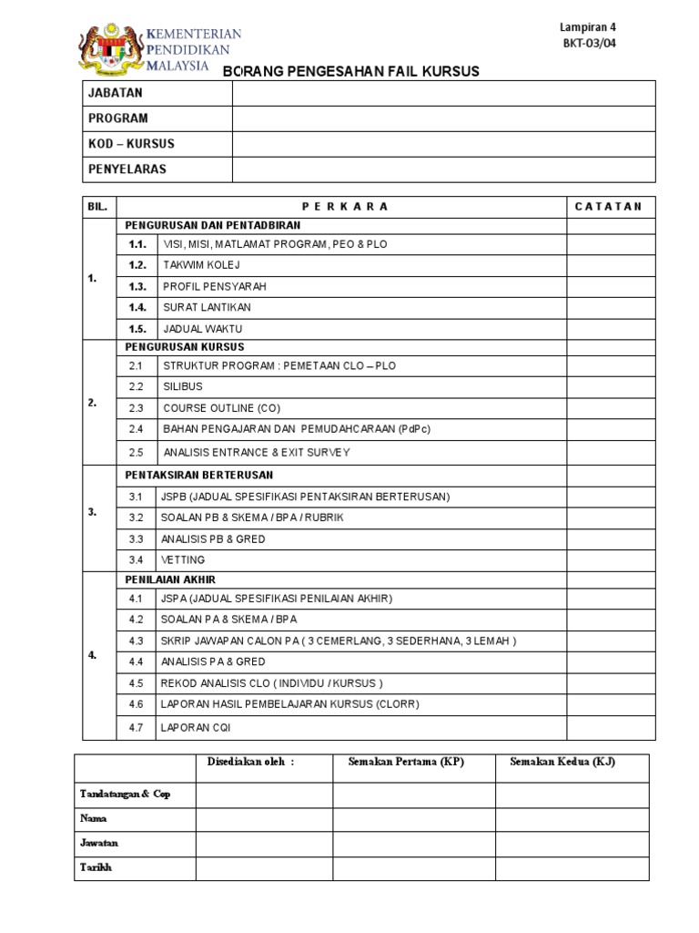Senarai Semak Fail Kursus | PDF