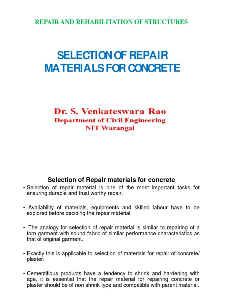 Selection of Repair Materials For Concrete | PDF | Concrete | Cement