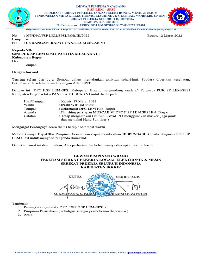 Undangan Rapat Muscab VI F.SP LEM-SPSI | PDF