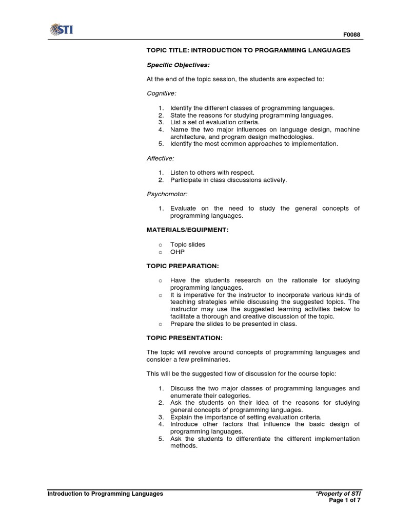 WK 1 Ses 1-2 Introduction To Programming Languages | Download Free PDF ...