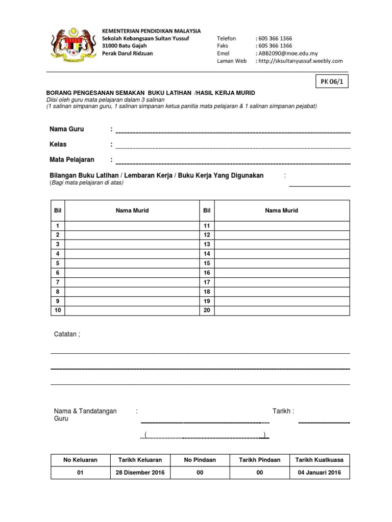 Borang Pengesanan Semakan Buku Latihan PK06 1 & 2 | PDF