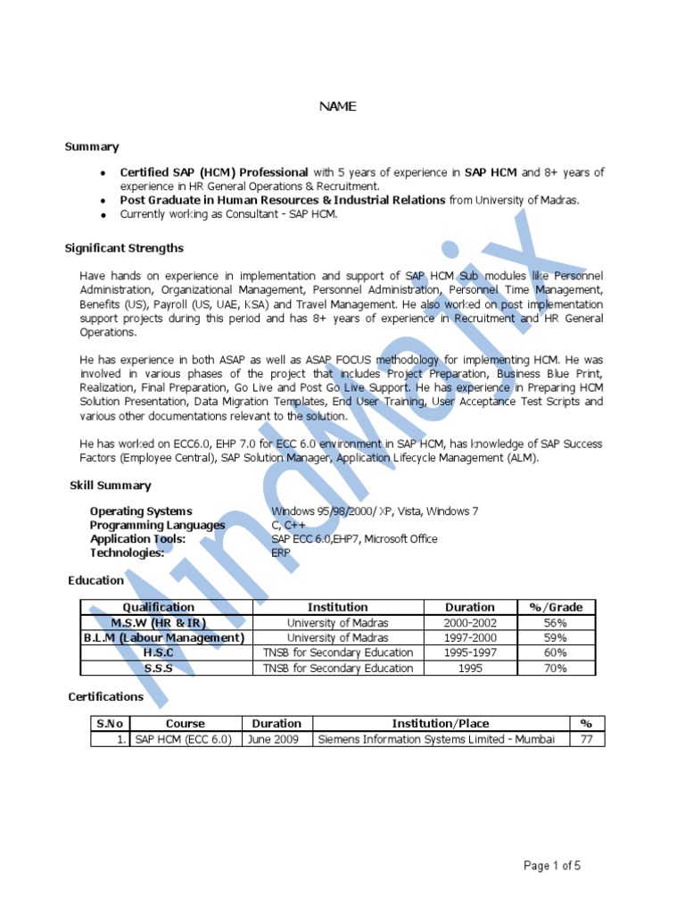 Sap HCM Sample Resume 1 | PDF | Human Resource Management | Recruitment
