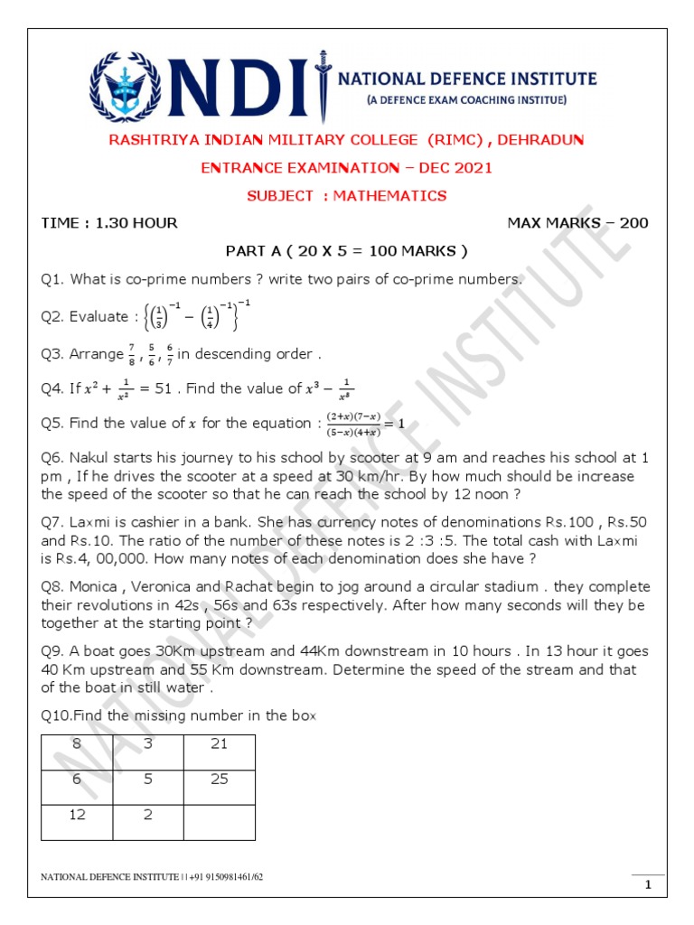 Rashtriya Indian Military College (Rimc), Dehradun Entrance Examination ...