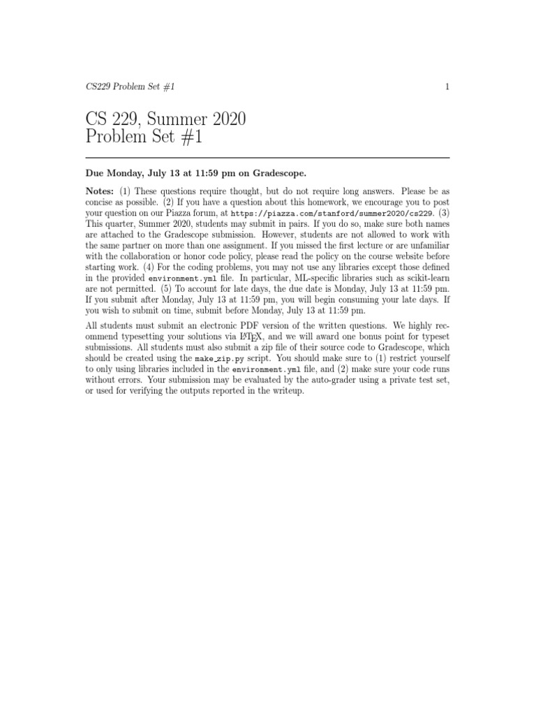 CS 229, Summer 2020 Problem Set #1 | PDF | Regression Analysis | Poisson Distribution