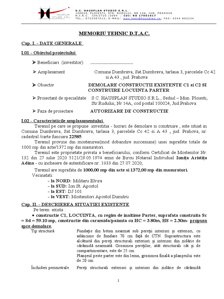 Memoriu Dtad Dtac | PDF