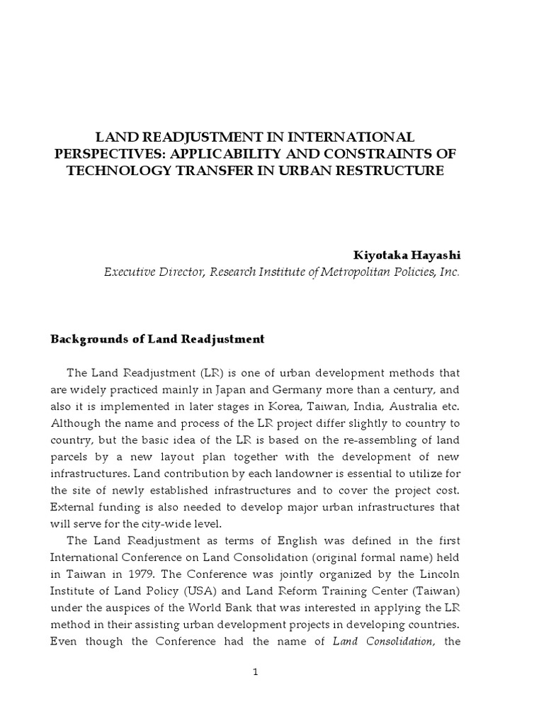 Land Readjustment in International Perspectives Applicability and ...