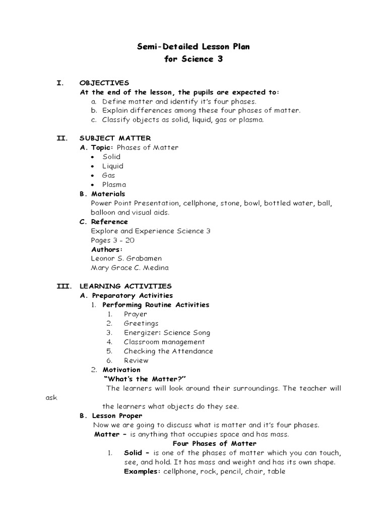 Semi-Detailed Lesson Plan For Science 3 | PDF | Plasma (Physics) | Matter