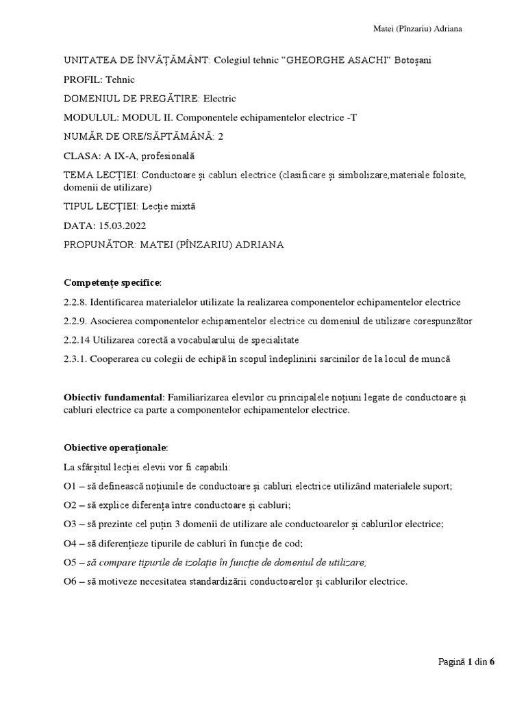 Proiect de Lecție - Conductoare Și Cabluri Electrice | PDF