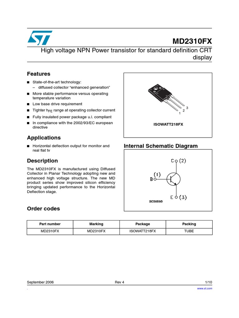 MD2310FX: High Voltage NPN Power Transistor For Standard Definition CRT ...