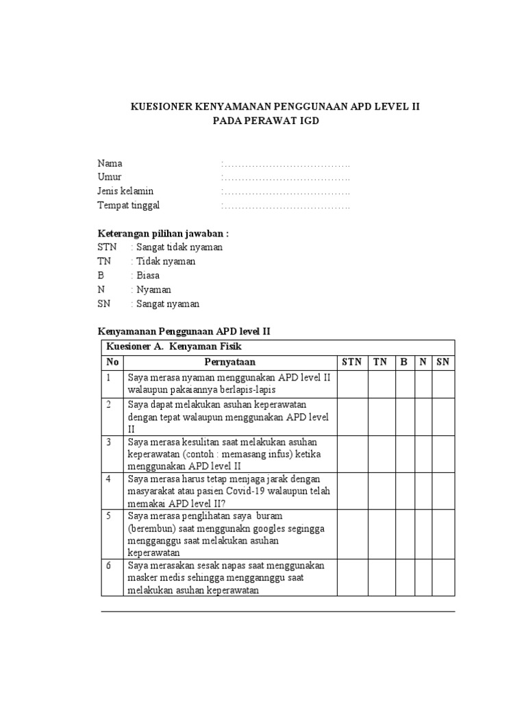 Kuesioner Kenyamanan Penggunaan Apd Level Ii | PDF