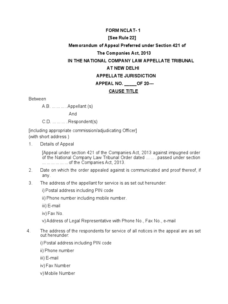 FOrm NCLAT 1 | PDF | Appeal | Lawsuit
