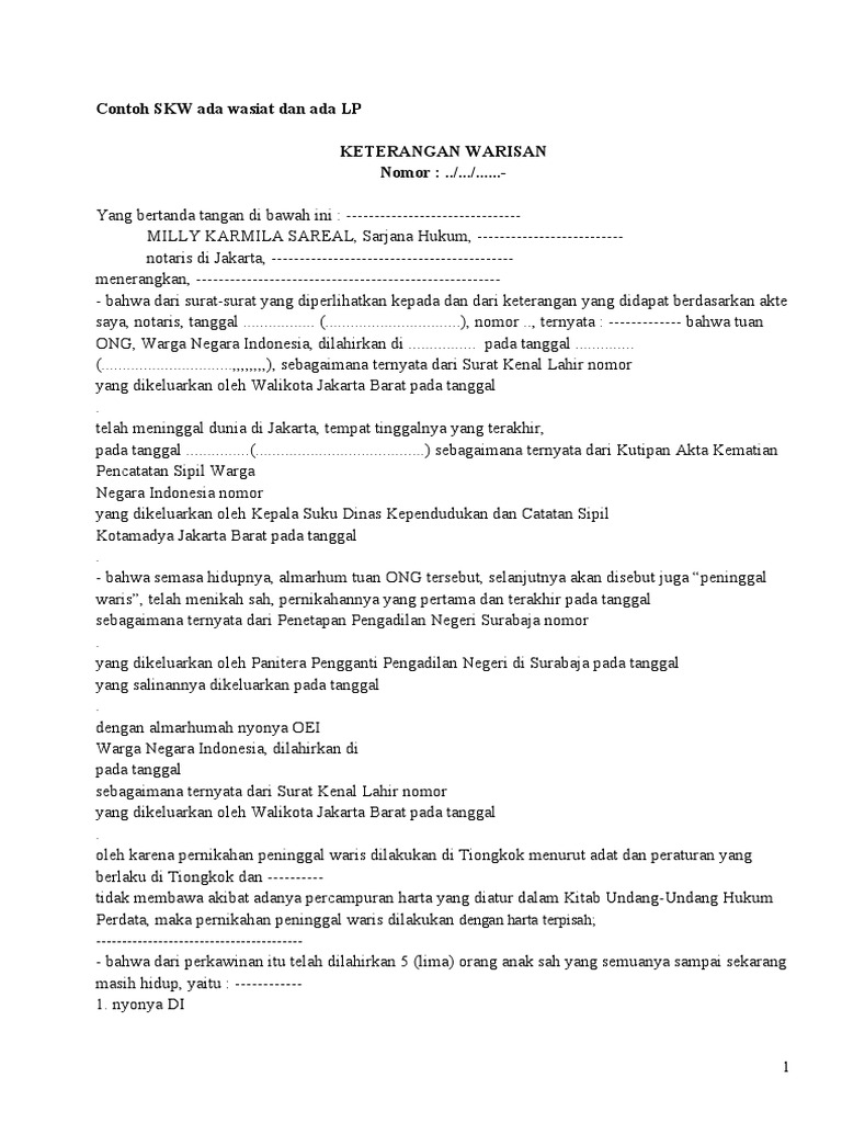 Contoh SKW Ada Wasiat Saham Dan Ada LP | PDF | Hukum