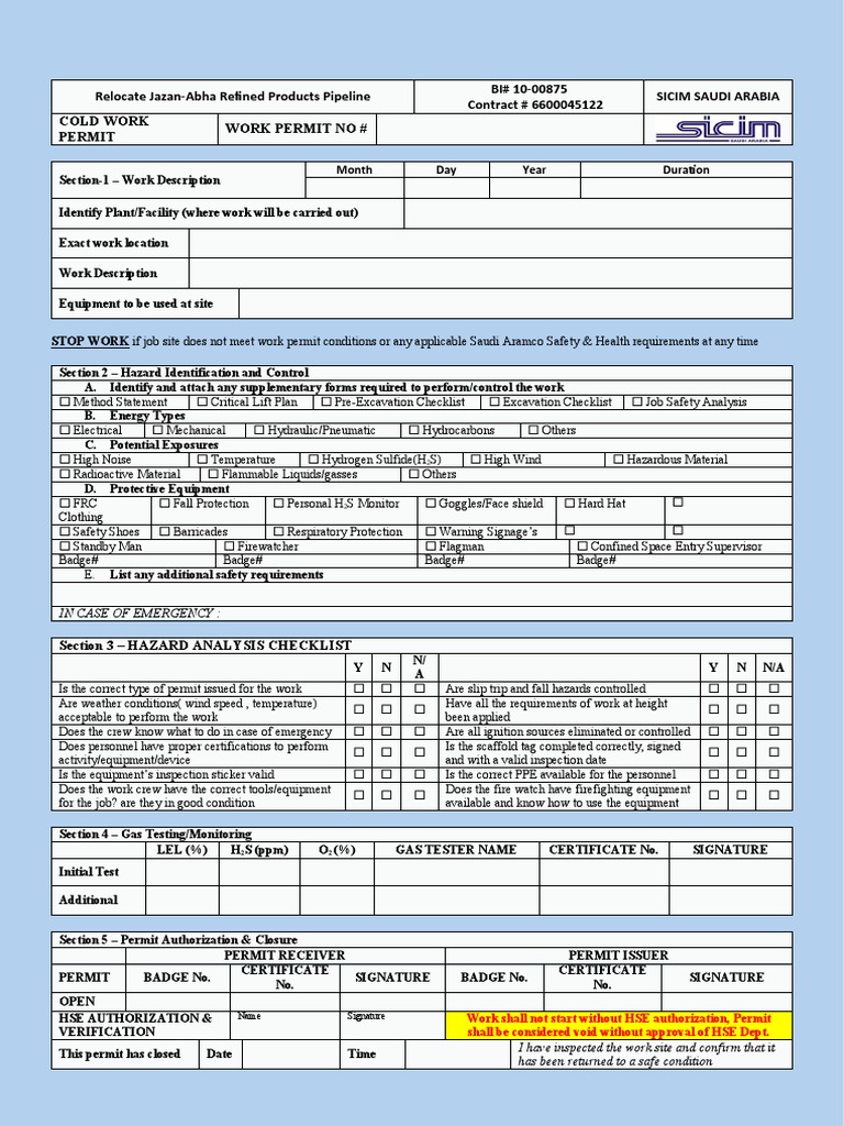 SICIM Form # JAPL BLUE-Cold Work Permit Rev. 01 | PDF | Safety ...