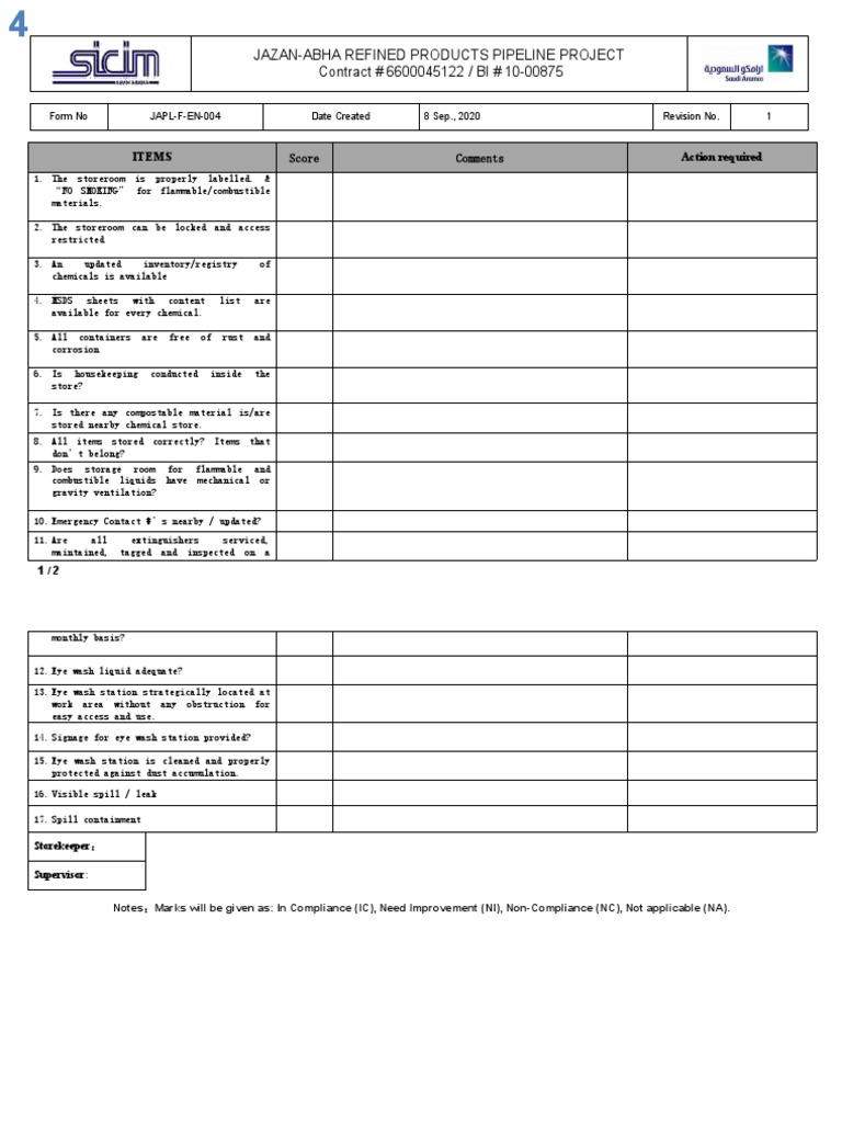 JAPL-F-EN-004 Chemical Store Room Checklist | PDF